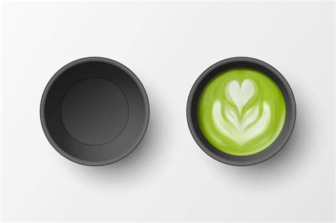 벡터 3d 현실적인 종이 검은 일회용 컵 세트 흰색 배경에 고립 녹색 우유 거품 말차 주식 벡터 일러스트 레이 션 꽃 심장 패턴