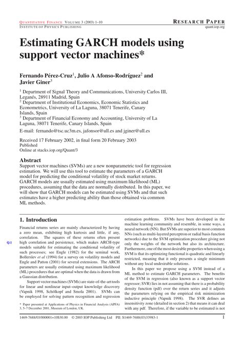 Pdf Estimating Garch Models Using Support Vector Machines