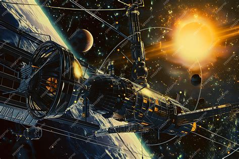 Futuristic Space Station Orbiting A Planet With A Bright Star In The Background Premium Ai