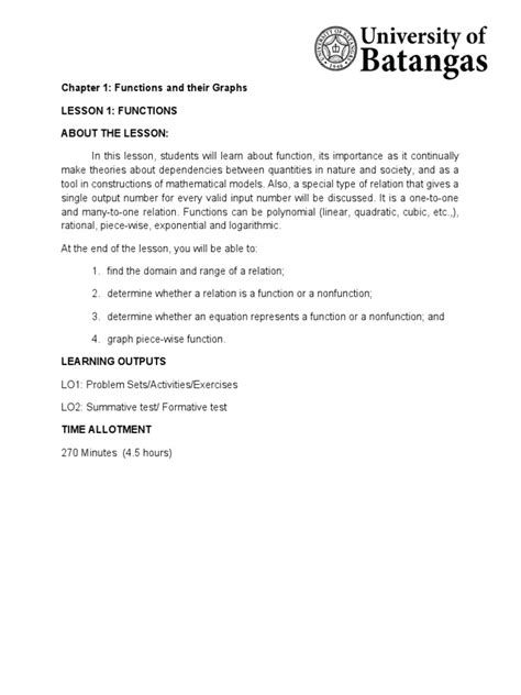 Chapter 1 Functions And Their Graphs Lesson 1 Functions About The Lesson Pdf Function