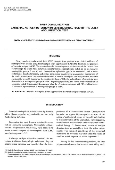 Pdf Bacterial Antigen Detection In Cerebrospinal Fluid By The Latex Agglutination Test