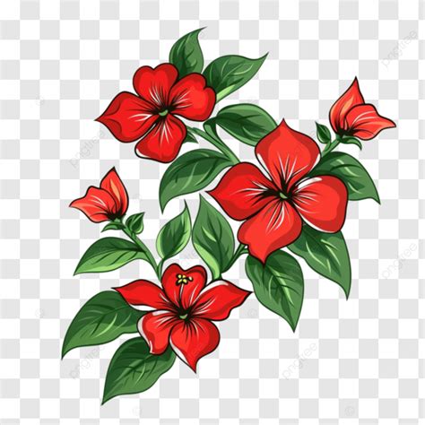 투명한 배경으로 분리된 열대 꽃과 잎 붉은 히비스커스 패턴 꽃무늬 잎이 무성한 매끄러운 디자인 꽃 잎 원활한 인쇄 Png 일러스트 및 이미지 에 대한 무료 다운로드