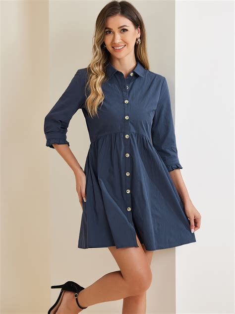Ruched 34 Sleeve Button Up Casual Mini Shirt Dress Allegra K