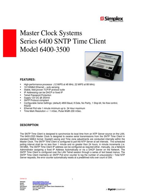 Master Clock Systems Series 6400 Sntp Time Client Model 6400 3500 Datasheet High Performance