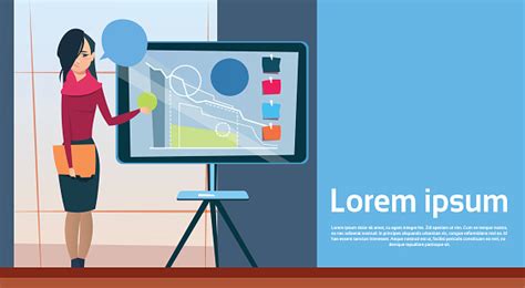 플립 차트 세미나 교육 회의 프레 젠 테이 션 금융 그래프를 브레인 스토밍 비즈니스 우먼 개념에 대한 스톡 벡터 아트 및 기타