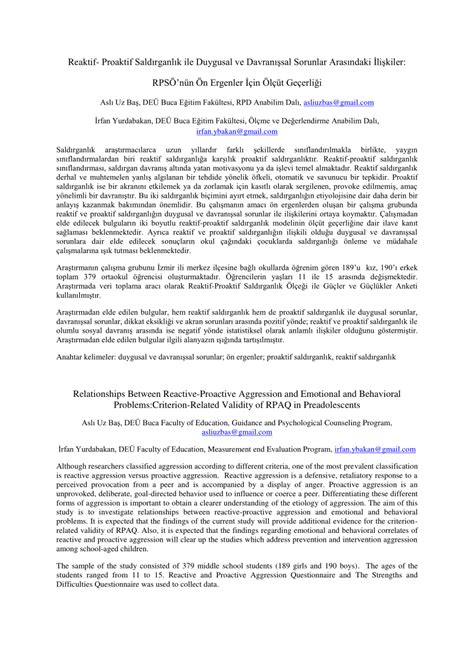 Pdf Relationships Between Reactive Proactive Aggression And Emotional And Behavioral Problems