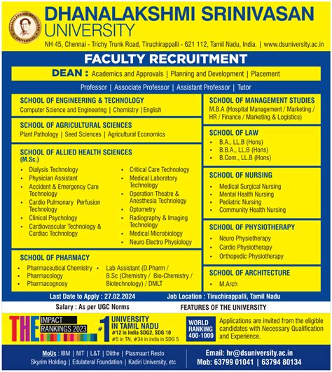 Faculty Recruitment 2024 At Dhanalakshmi Srinivasan University Trichy Facultyplus