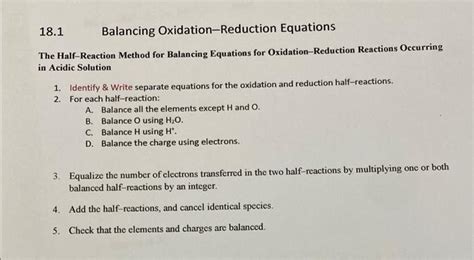 Solved 18 1 Balancing Oxidation Reduction Equations The
