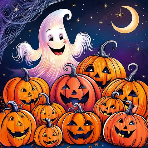 Spooky Halloween Night With Ghost And Pumpkins Background Halloween