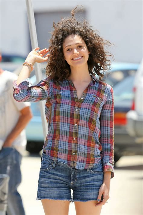 Emmy Rossum Wearing Denim Shorts And Some Crazy Hair On The Set Of