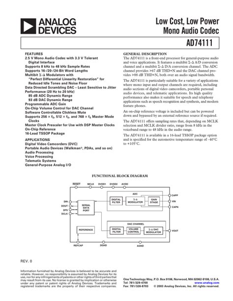 Low Cost Low Power Mono Audio Codec Ad74111