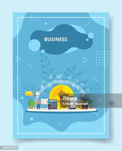 큰 동전 돈 계산기 스마트 폰 지갑 메가 폰 봉투 차트 보드 배너 전단지 책 표지 액체 모양 스타일의 잡지 주위에 서 있는 비즈니스 사람들 금융에 대한 스톡 벡터 아트 및