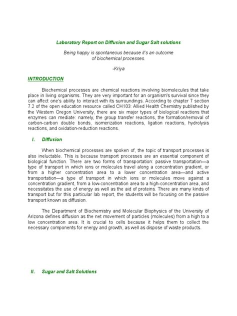 Laboratory Report On Diffusion And Sugar Salt Solutions Pdf Salt Chemistry Diffusion