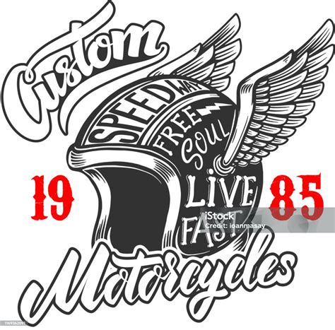사용자 정의 오토바이 날개 달린 레이서 헬멧이있는 포스터 템플릿 포스터 라벨 기호 배지에 대한 디자인 요소입니다 벡터 일러스트레이션 Biker Gang에 대한 스톡 벡터