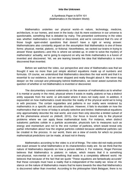 Assignment 1 Synthesis Paper Pdf Mathematics Reality
