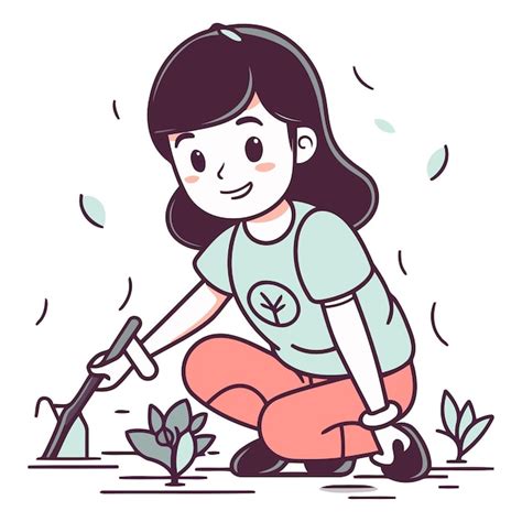 Premium Vector Illustration Of A Cute Girl Digging The Ground With Shovel