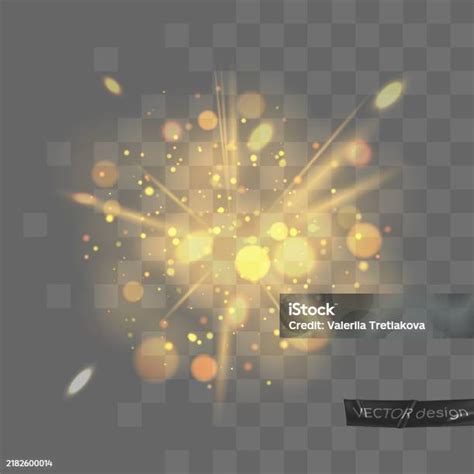 금가루 불꽃놀이 폭발과 황금빛 보케 광선 벡터 일러스트 레이 션은 투명한 배경에 고립되어 있습니다 휴일 광선 카드 파티 디자인 전단지 포스터 배너 웹 광고 거친 필름 효과에