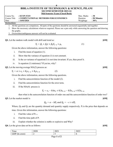 Econ F215 Mid Semester Exam Computational Methods