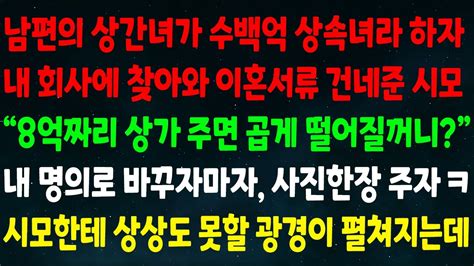 실화사연 남편 상간녀가 수백억 상속녀라 하자 날 찾아와 이혼서류 준 시모 8억 상가 주면 곱게 떨어질레 내 명의로 바꾸자마자 사진 한장 주자 상상도 못할 광경이