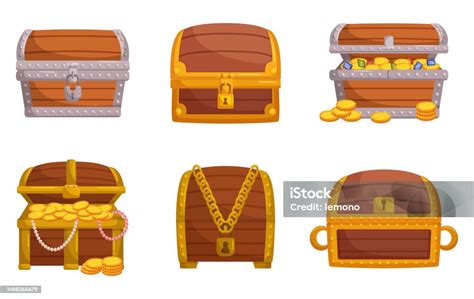 보석 동전 및 기타 작은 귀중품을 보관하는 데 적합한 보물 상자 세트 나무로 만드는 재료 보석함에 대한 스톡 벡터 아트 및 기타 이미지 Istock