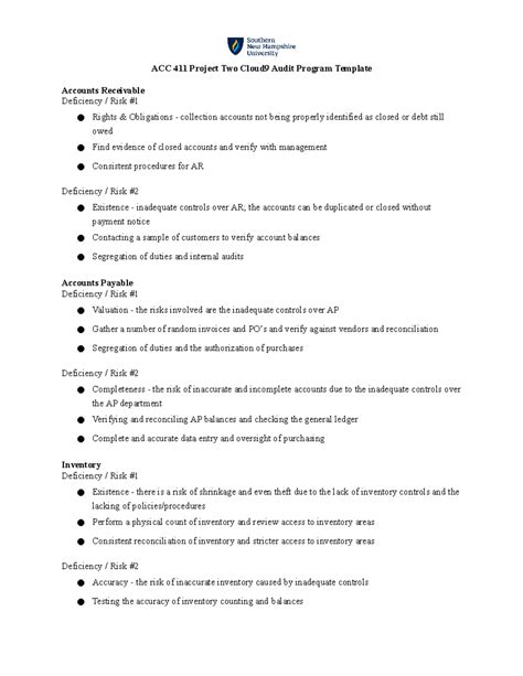 Acc 411 Project Two Cloud 9 Audit Program The Company Has Multiple Areas With Potential Risks