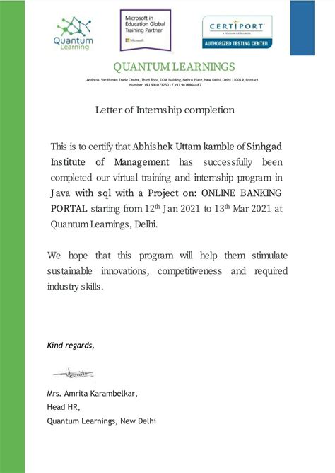 Great Internship With Quantum Learningthnak You Abhishek Kamble