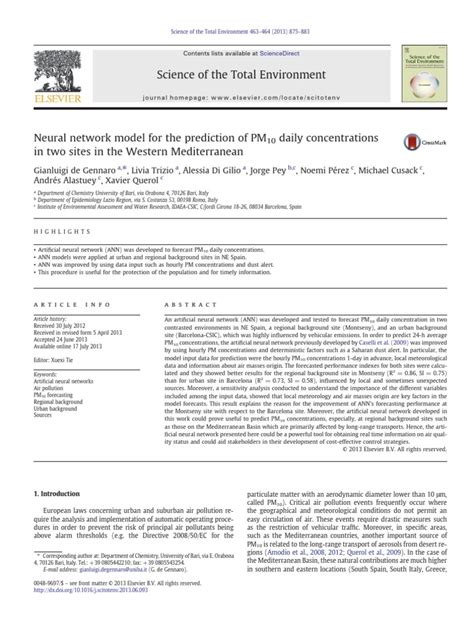 19 0 Neural Network Model For The Prediction Of Pm10 Daily Concentrations In Two Sites In The