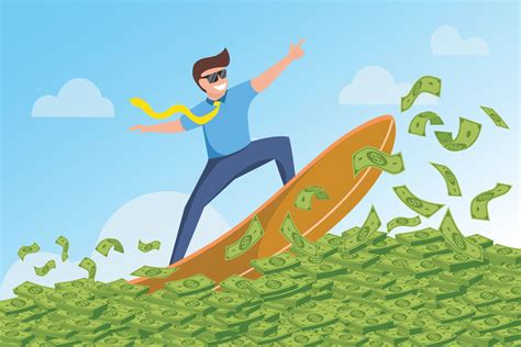 Businessman Surfing Financial Seas Riding Dollar Cash Money Waves On