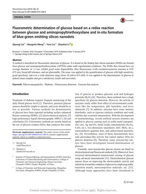 Fluorometric Determination Of Glucose Based On A Redox Reaction Between