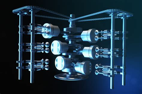 내부 연소 엔진의 3d 그림입니다 엔진 부품 크랭크축 피스톤 연료 공급 시스템 모션에 크랭크축과 V6 엔진 피스톤입니다 자동차 엔진 내부의 그림입니다 3차원 형태에 대한