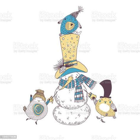 만화 눈사람과 흰색에 사랑스러운 새와 휴일 벡터 그림 초대장 엽서 커버 디자인 템플릿에 적합합니다 0명에 대한 스톡 벡터 아트 및 기타 이미지 Istock