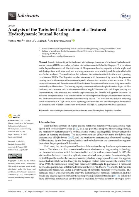 Pdf Analysis Of The Turbulent Lubrication Of A Textured Hydrodynamic Journal Bearing