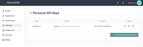 Personal API Keys Cellulose