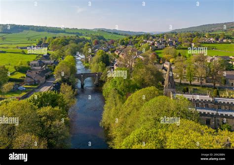 Aerial View Of River Derwent And Baslow Village Peak District National