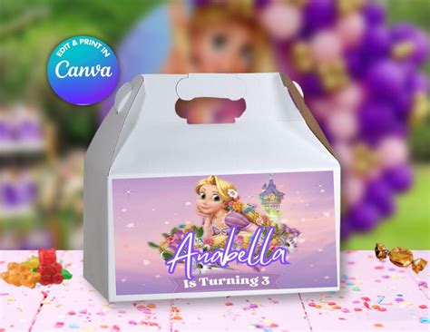 Tangled Rapunzel Gable Box Template Edit Yourself In Canva Party Kit
