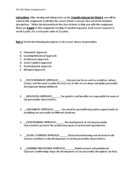 W4a1 PSY 201 PSY 201 Instructions After Viewing And Taking Notes On The 3 Weekly Lectures