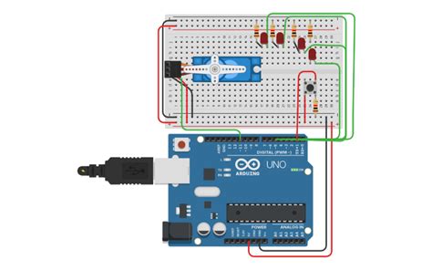 Circuit Design Servo Motor Pulsador Leds Tinkercad