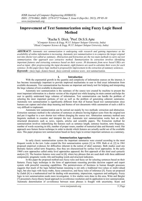 Improvement Of Text Summarization Using Fuzzy Logic Based Method Pdf