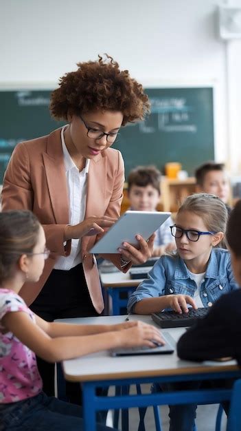 Elementary School Computer Science Class Teacher Uses Digital Tablet Explains Lesson To Diverse