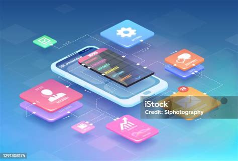 사용자 인터페이스 및 환경 개념 모바일 앱 아이콘이 있는 스마트폰 벡터 3차원 형태에 대한 스톡 벡터 아트 및 기타 이미지 3차원 형태 개발 휴대폰 앱 Istock