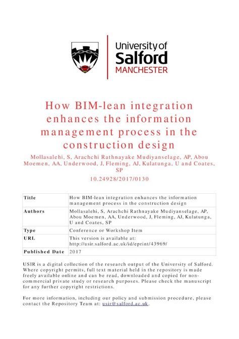 PDF How BIM Lean Integration Enhances The Information Usir Salford Ac Uk Poster