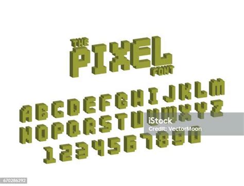 픽셀 복고풍 글꼴 비디오 컴퓨터 게임 디자인 8 비트 문자 번호 전자 미래 스타일 벡터 Abc 서체 디지털 크리에이 티브 알파벳 절연 3차원 형태에 대한 스톡 벡터 아트 및