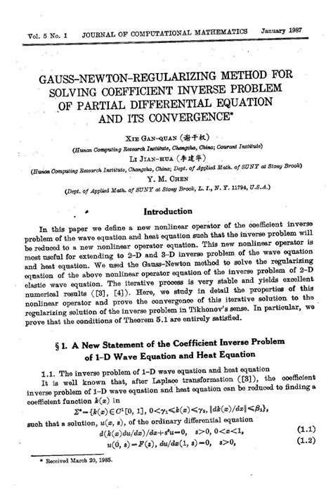 Global Science Press Gauss Newton Regularizing Method For Solving Coefficient Inverse Problem
