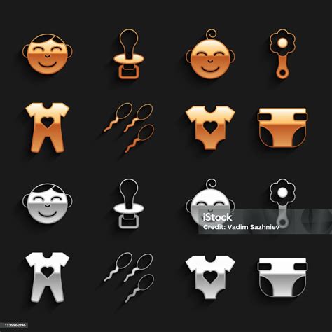 정자 딸랑이 아기 장난감 아기 기저귀 옷 어린 소년 머리 더미 젖꼭지 아이콘을 설정합니다 벡터 0명에 대한 스톡 벡터 아트 및