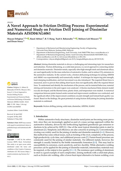 Pdf A Novel Approach To Friction Drilling Process Experimental And