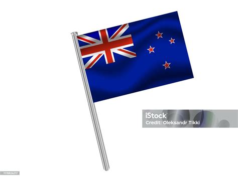 뉴질랜드 국기 흰색 배경에 깃대와 그림자 흔들리는 효과 귀하의 비즈니스를 위해 원래 색상과 비율 벡터 일러스트레이션을 참조하십시오 국가 관광명소에 대한 스톡 벡터 아트 및