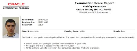 the actual exam day passed with 94 java certification notes