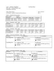 Lab Data Sheet Docx Lab Ballistics Pendulum PHY L General Physics Lab Quinnipiac