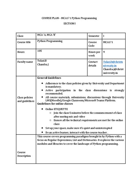 Python Courseplan Course Plan Mca171 Python Programming Section I
