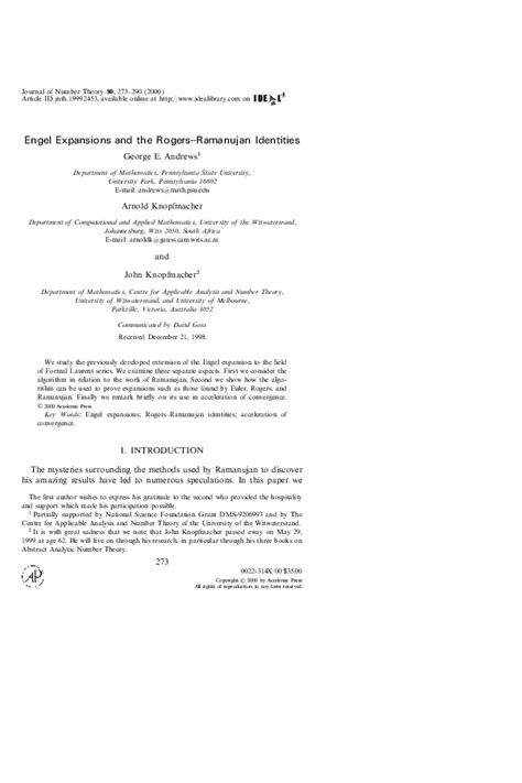 Pdf Engel Expansions And The Rogers Ramanujan Identities 1